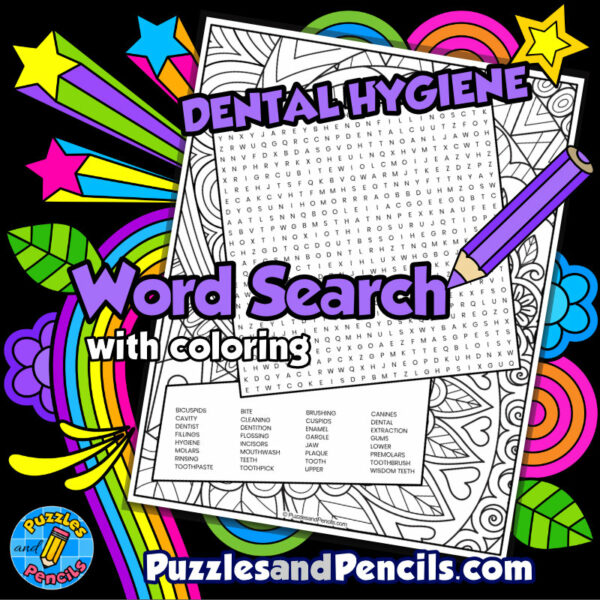 Dental Hygiene Word Search Puzzle Activity Page with Coloring ...