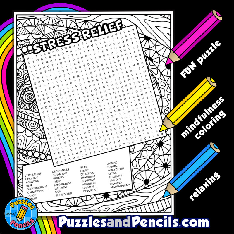 Stress Relief Word Search Puzzle Activity Page with Coloring | Made By ...