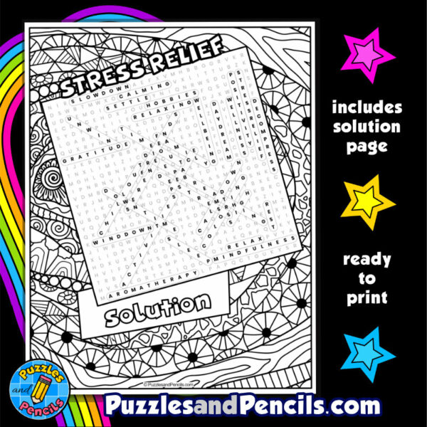 Stress Relief Word Search Puzzle Activity Page with Coloring | Made By ...