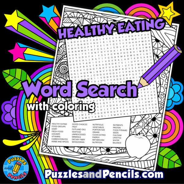 Healthy Eating Word Search Puzzle Activity Page with Coloring ...