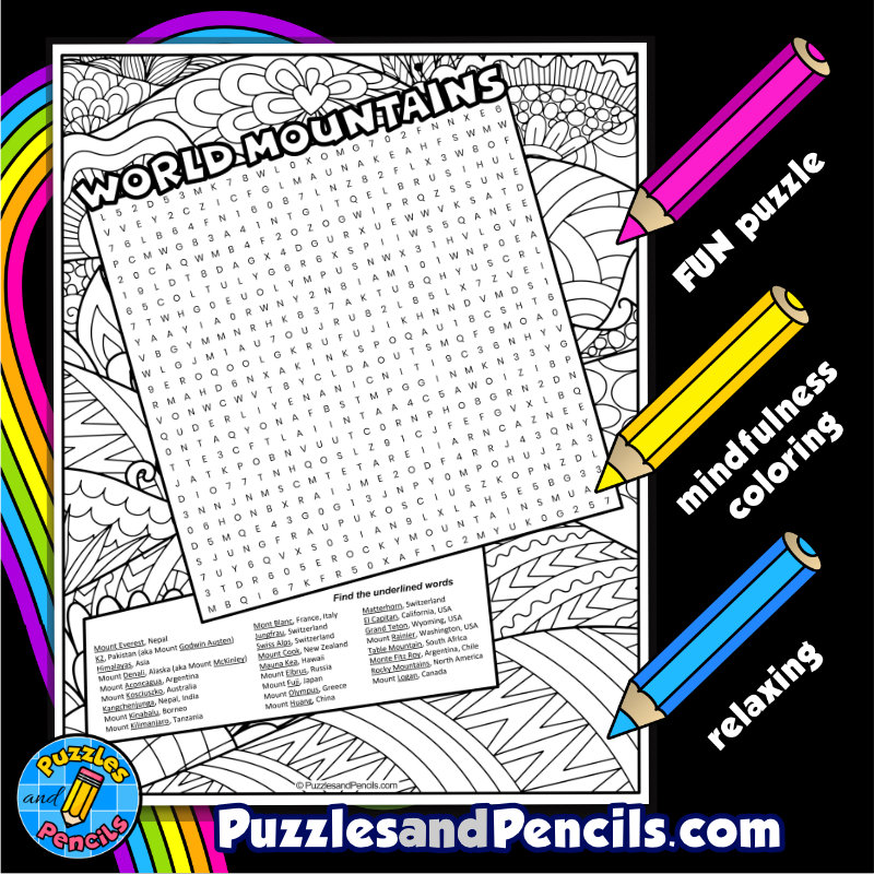 World Mountains Word Search Puzzle Activity Page with Coloring ...