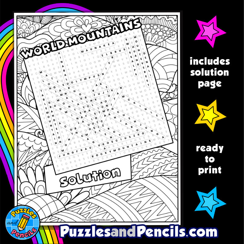 World Mountains Word Search Puzzle Activity Page with Coloring ...