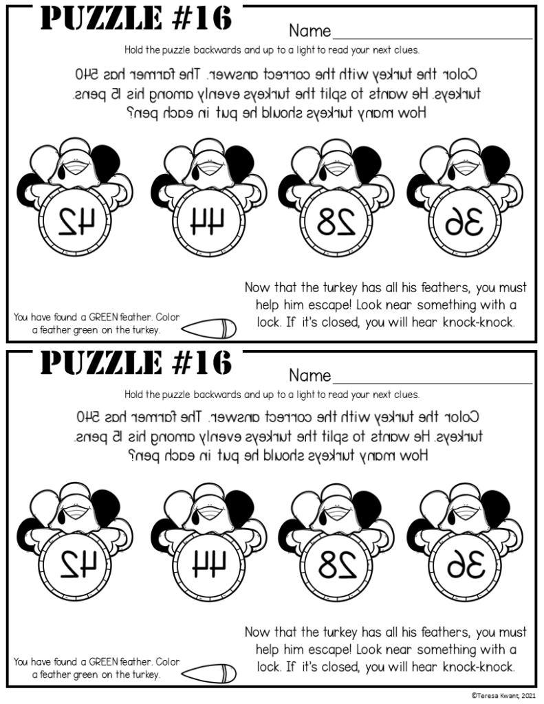 5th Grade November Turkey Thanksgiving Math Escape Room Breakout ...