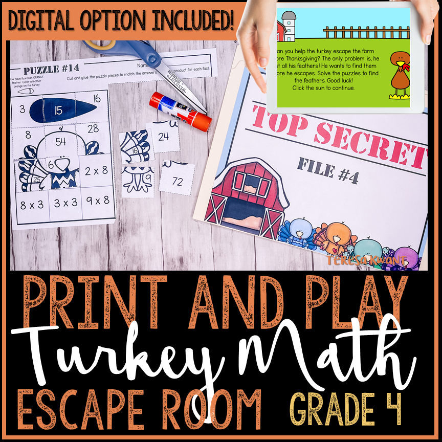 4th Grade November Turkey Thanksgiving Math Escape Room Breakout ...