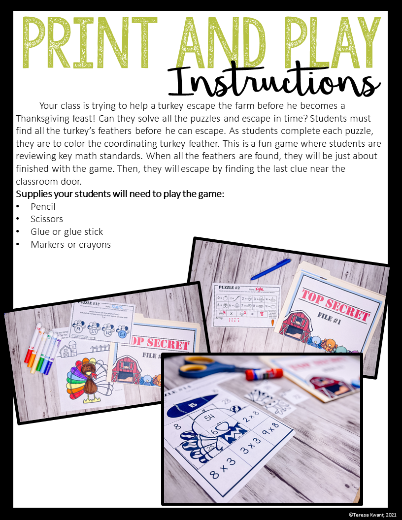 4th Grade November Turkey Thanksgiving Math Escape Room Breakout ...