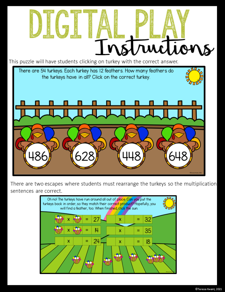 4th Grade November Turkey Thanksgiving Math Escape Room Breakout ...
