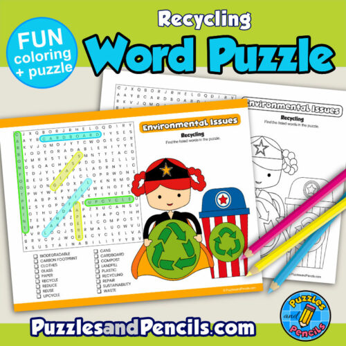 Recycling Word Search Puzzle Activity Page with Coloring | Made By Teachers