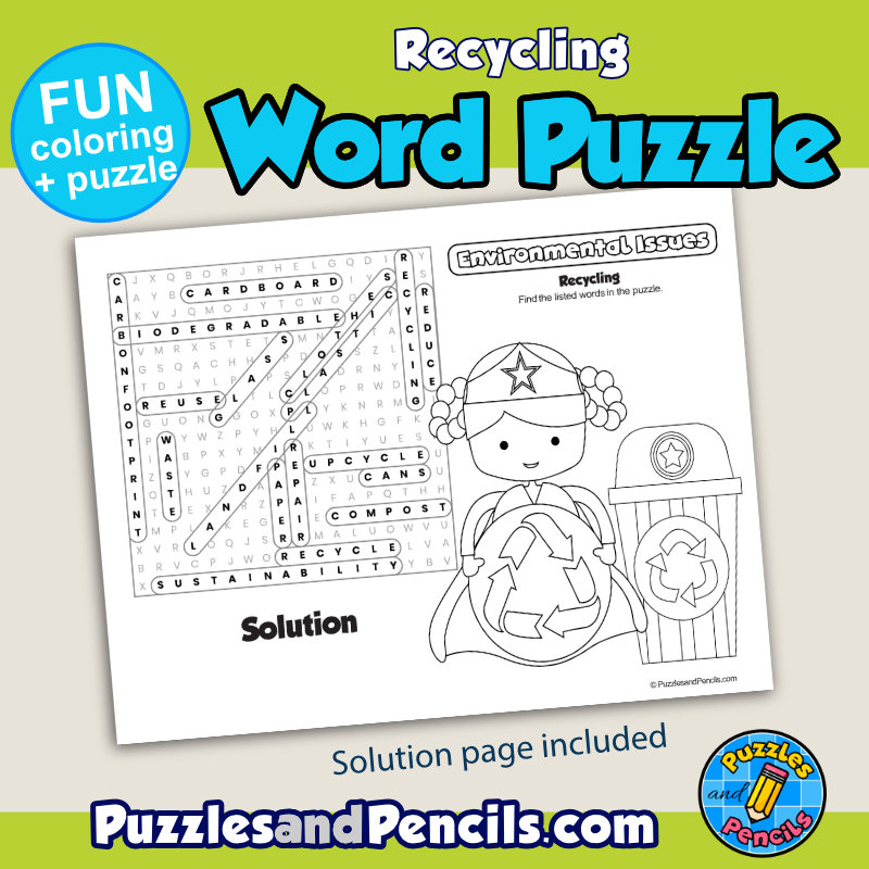 Recycling Word Search Puzzle Activity Page with Coloring | Made By Teachers