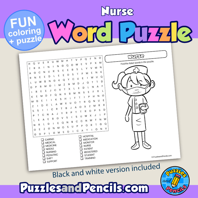 Nurse Word Search Puzzle Activity Page with Coloring | Career ...