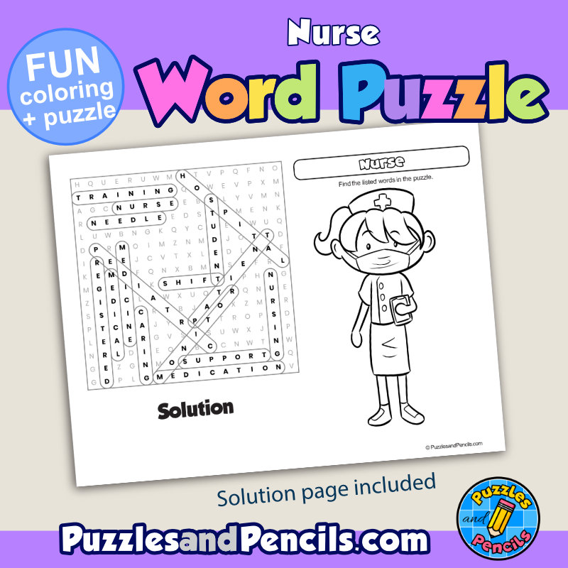 Nurse Word Search Puzzle Activity Page with Coloring | Career ...