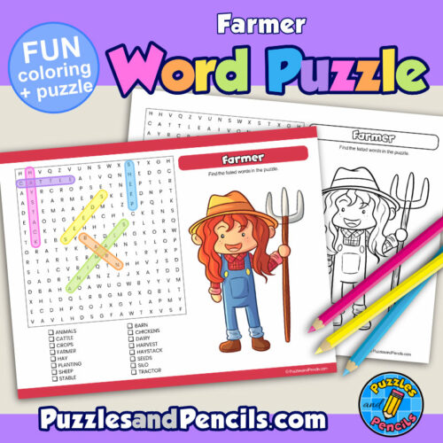 Farmer Word Search Puzzle Activity Page with Coloring | Career ...