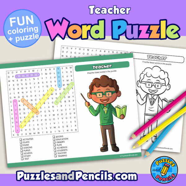 Teacher Word Search Puzzle Activity Page with Coloring | Career ...