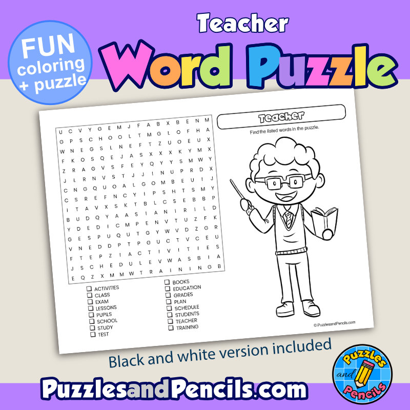 Teacher Word Search Puzzle Activity Page with Coloring | Career ...