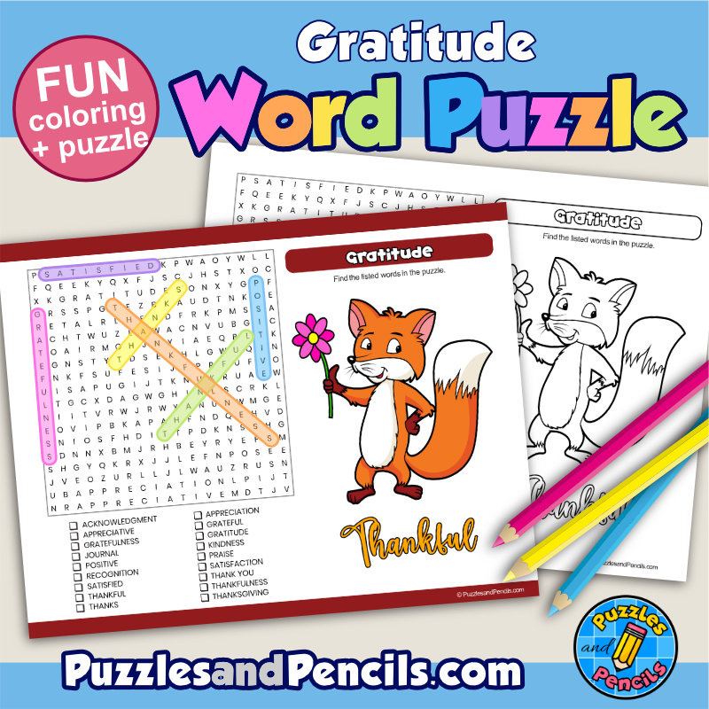 Gratitude Word Search Puzzle Activity Page with Coloring | Made By Teachers