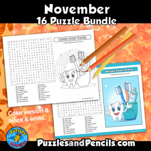 November Activity Word Search Puzzle BUNDLE | 16 November Puzzles ...