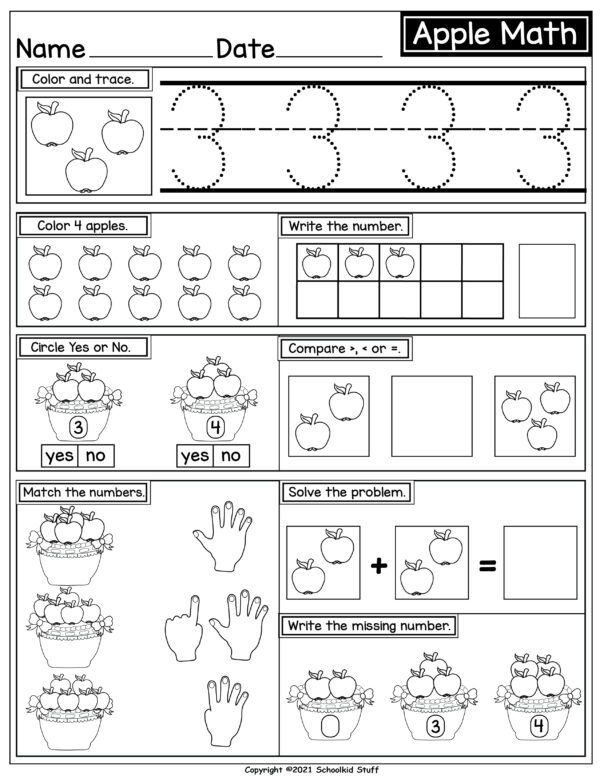 Apple Math Practice With Numbers 1 to 10 Worksheets | No Prep Pack ...