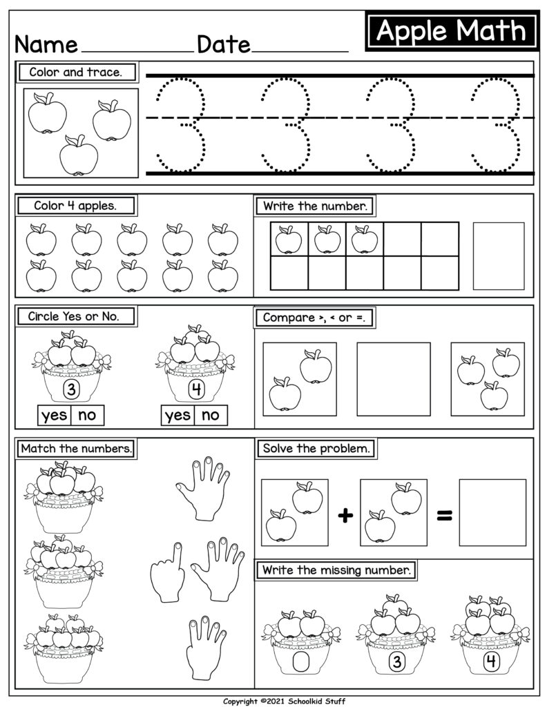 Apple Math Practice With Numbers 1 to 10 Worksheets | No Prep Pack ...