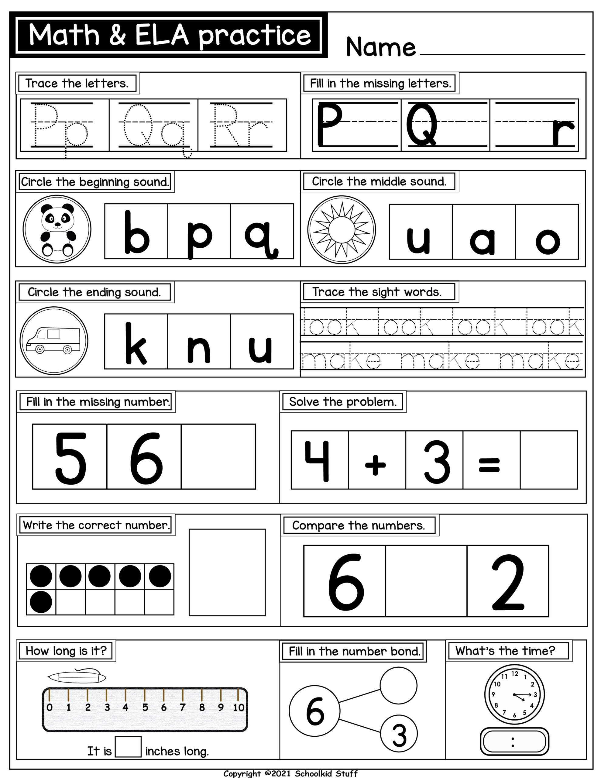 Math & ELA Practice Worksheets for Kindergarten| No Prep Pack | Made By ...