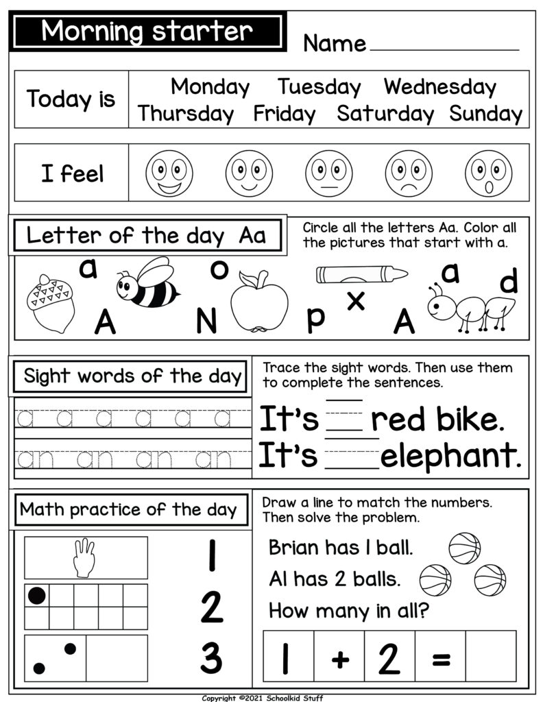 Morning Starters Math And ELA Activites For Kindergarten No Prep