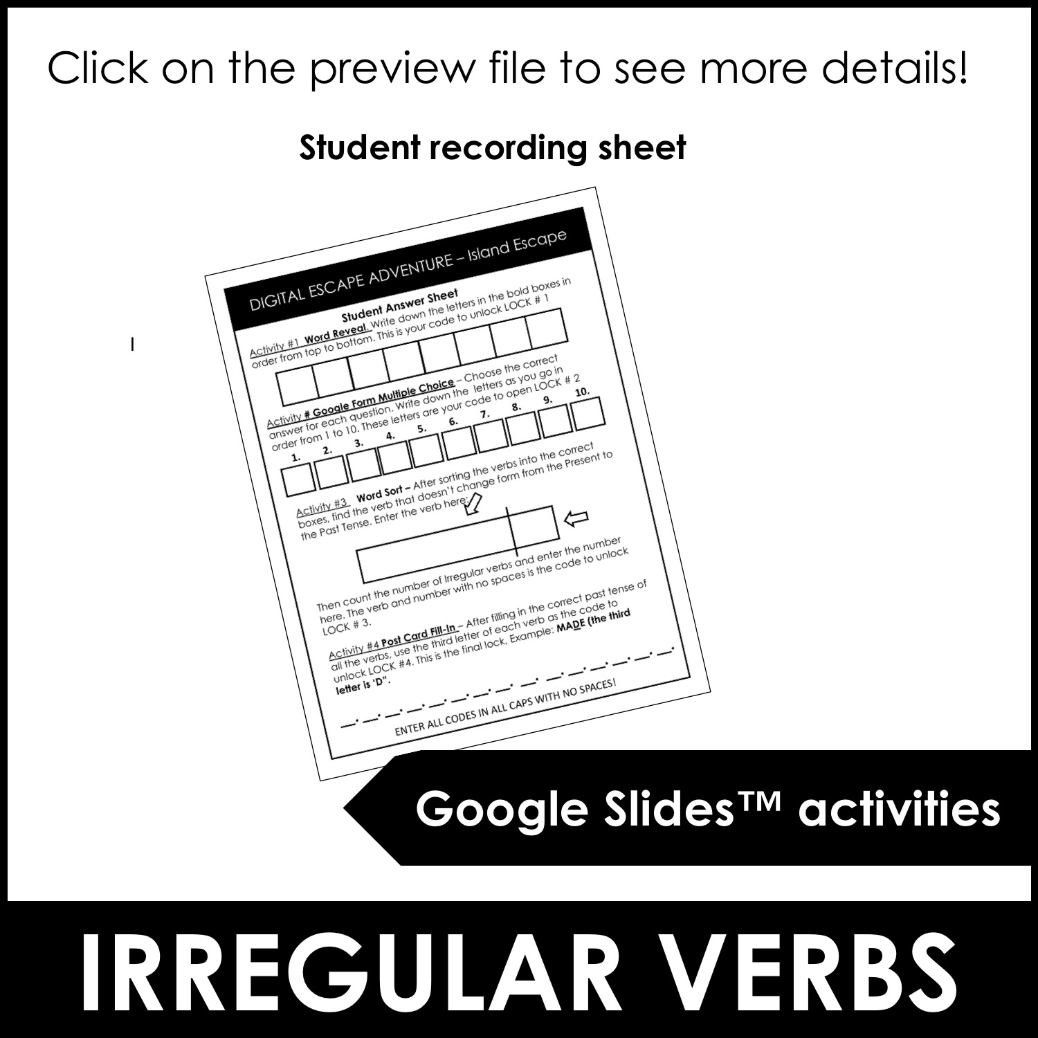 Irregular Verbs Escape : Past Tense Verbs Digital Activity | Made By ...