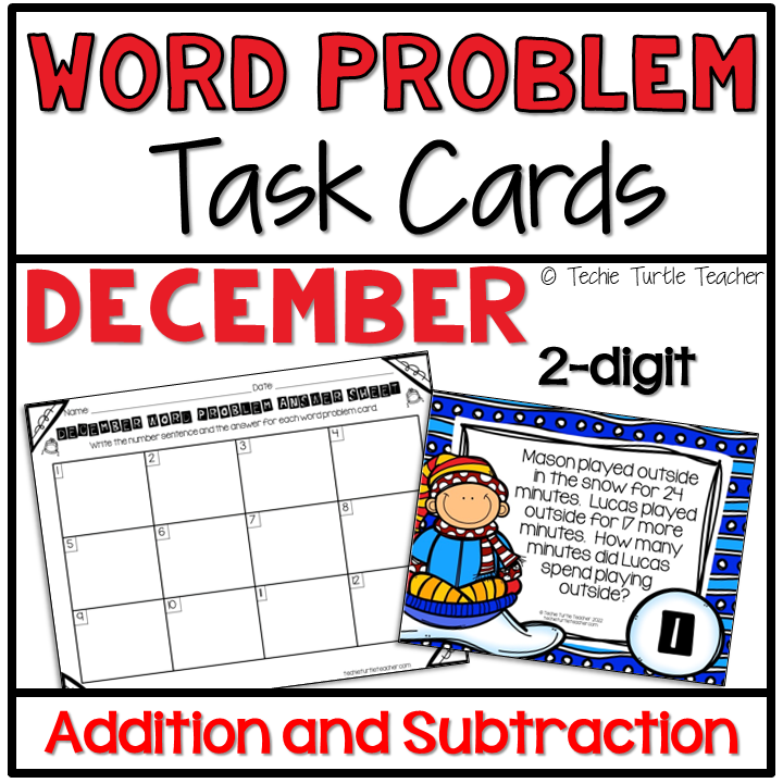 Addition & Subtraction 2-Digit Winter Word Problem Task Cards December ...