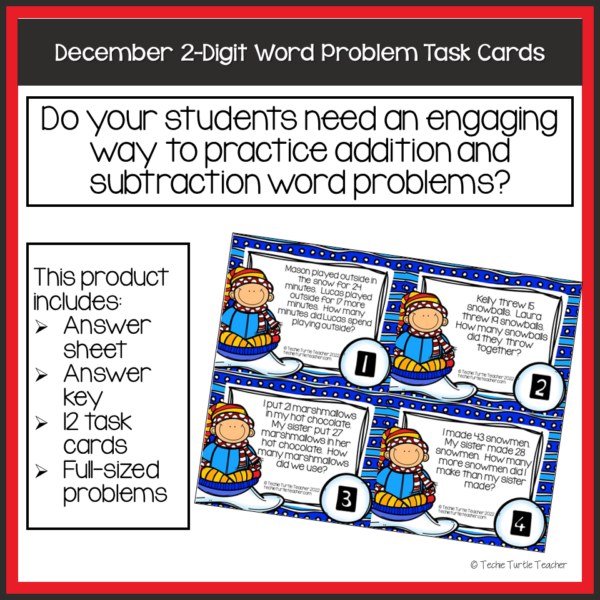 Addition & Subtraction 2-Digit Winter Word Problem Task Cards December ...