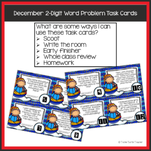 Addition & Subtraction 2-Digit Winter Word Problem Task Cards December ...