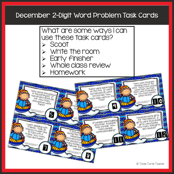 Addition & Subtraction 2-Digit Winter Word Problem Task Cards December ...