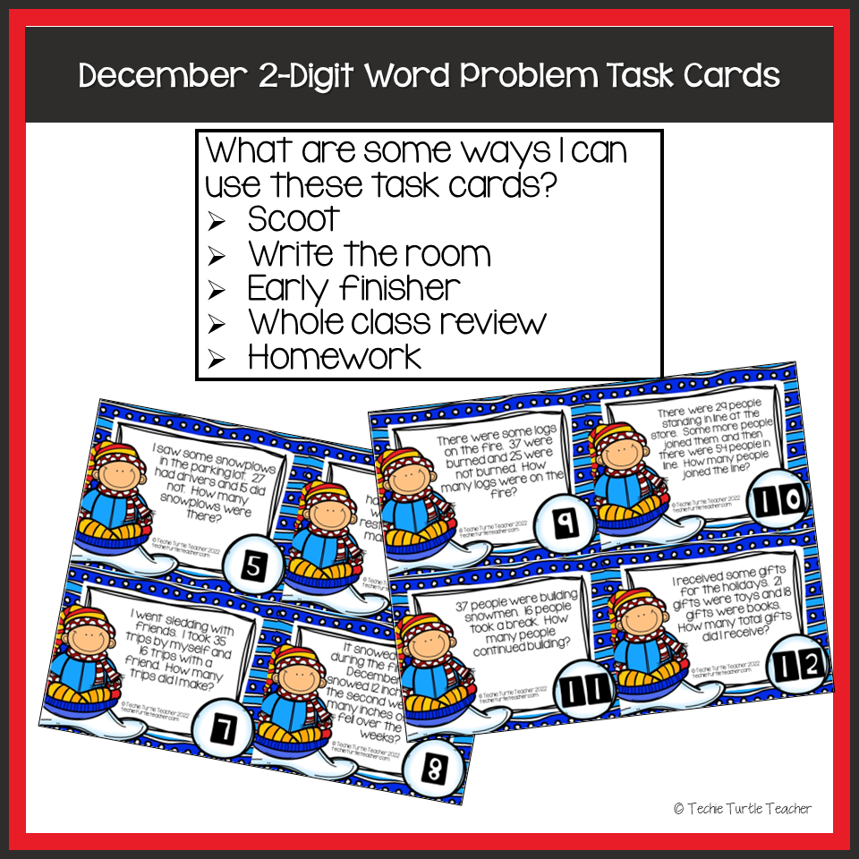 Addition & Subtraction 2-Digit Winter Word Problem Task Cards December ...