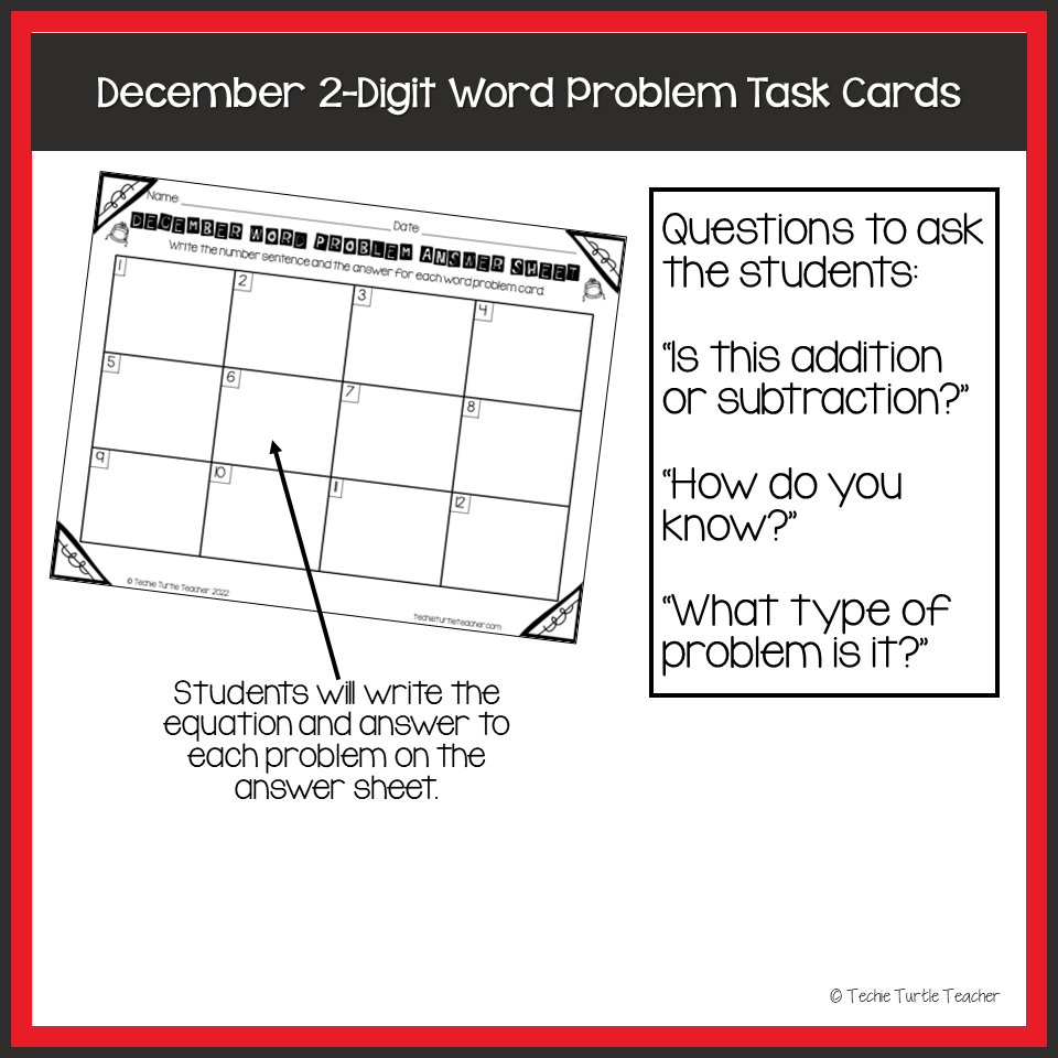 Addition & Subtraction 2-Digit Winter Word Problem Task Cards December ...