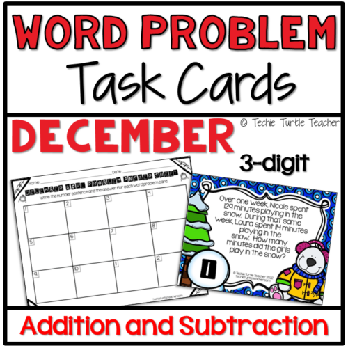 Addition & Subtraction 3-Digit Winter Word Problem Task Cards December ...