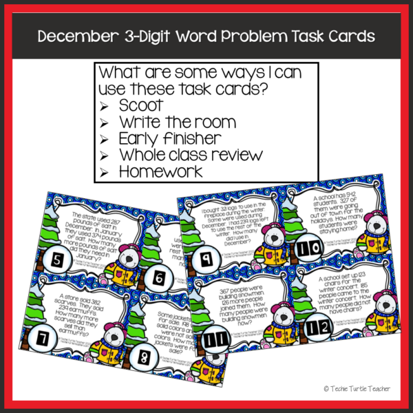 Addition & Subtraction 3-Digit Winter Word Problem Task Cards December ...