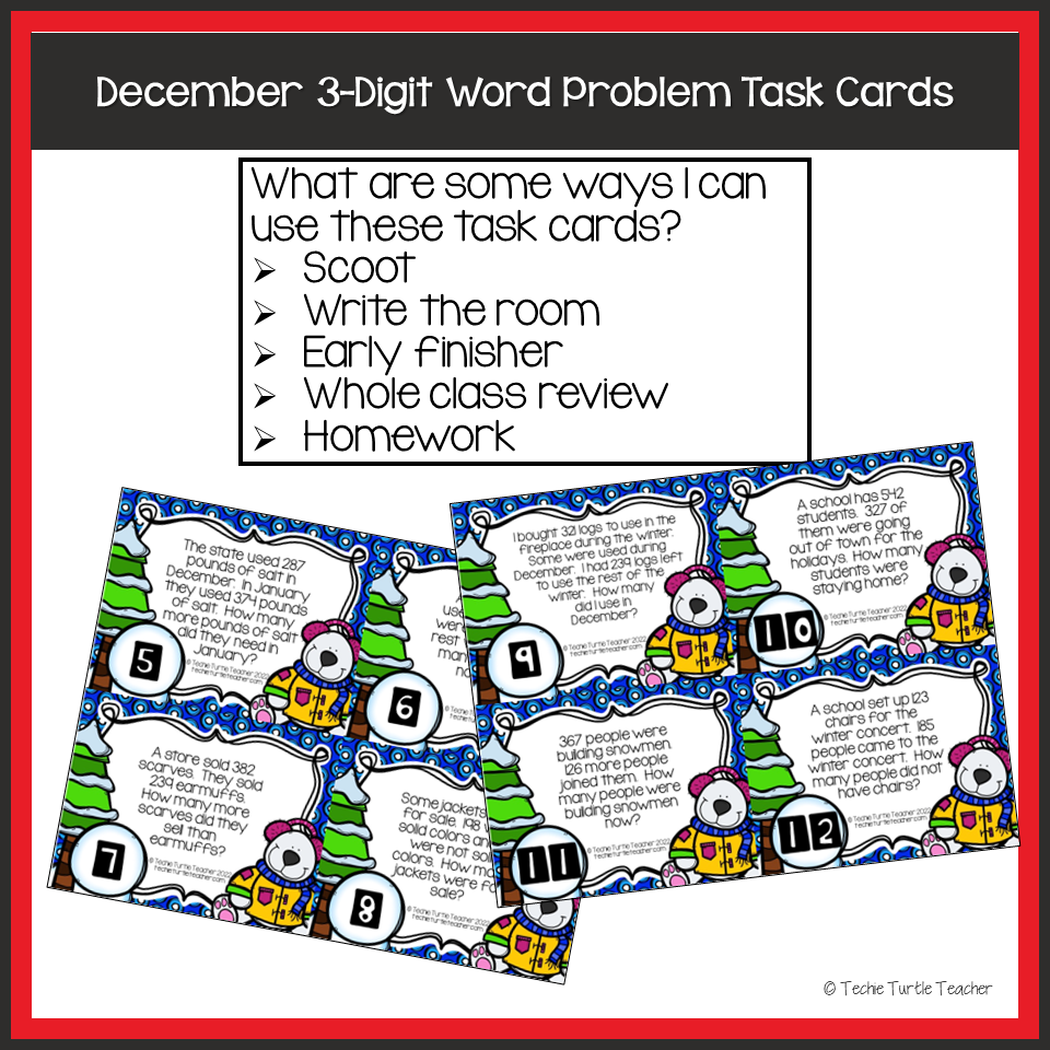 Addition & Subtraction 3-Digit Winter Word Problem Task Cards December ...