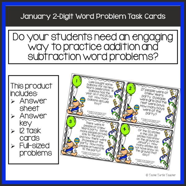 Addition & Subtraction 2-Digit Winter Word Problem Task Cards January ...