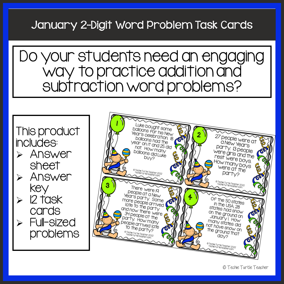 Addition & Subtraction 2-Digit Winter Word Problem Task Cards January ...