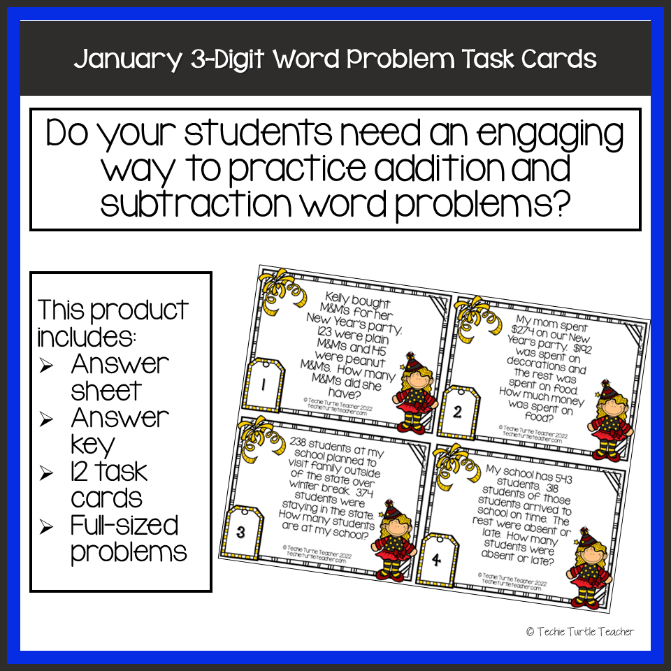 Addition & Subtraction 3-Digit Winter Word Problem Task Cards January ...