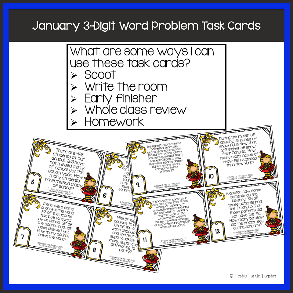 Addition & Subtraction 3-Digit Winter Word Problem Task Cards January ...