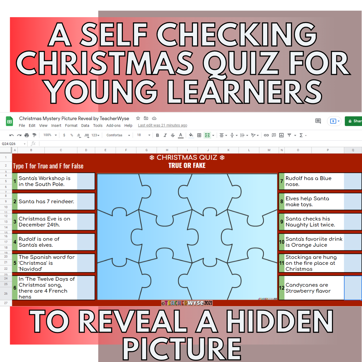 Christmas Quiz Mystery Picture Puzzle for Google Sheets™ Self Checking ...