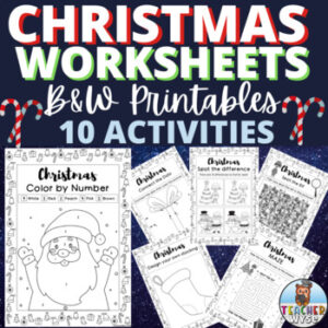 Christmas Activity No Prep Worksheets Black & White Printables 10 ...