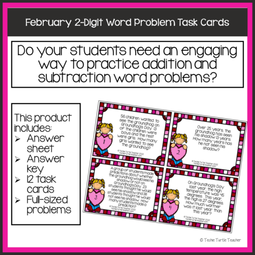 Addition & Subtraction 2-Digit Winter Word Problem Task Cards February ...