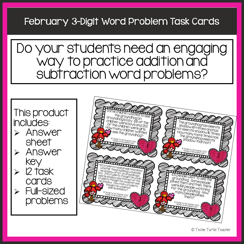 Addition & Subtraction 3-Digit Winter Word Problem Task Cards February ...