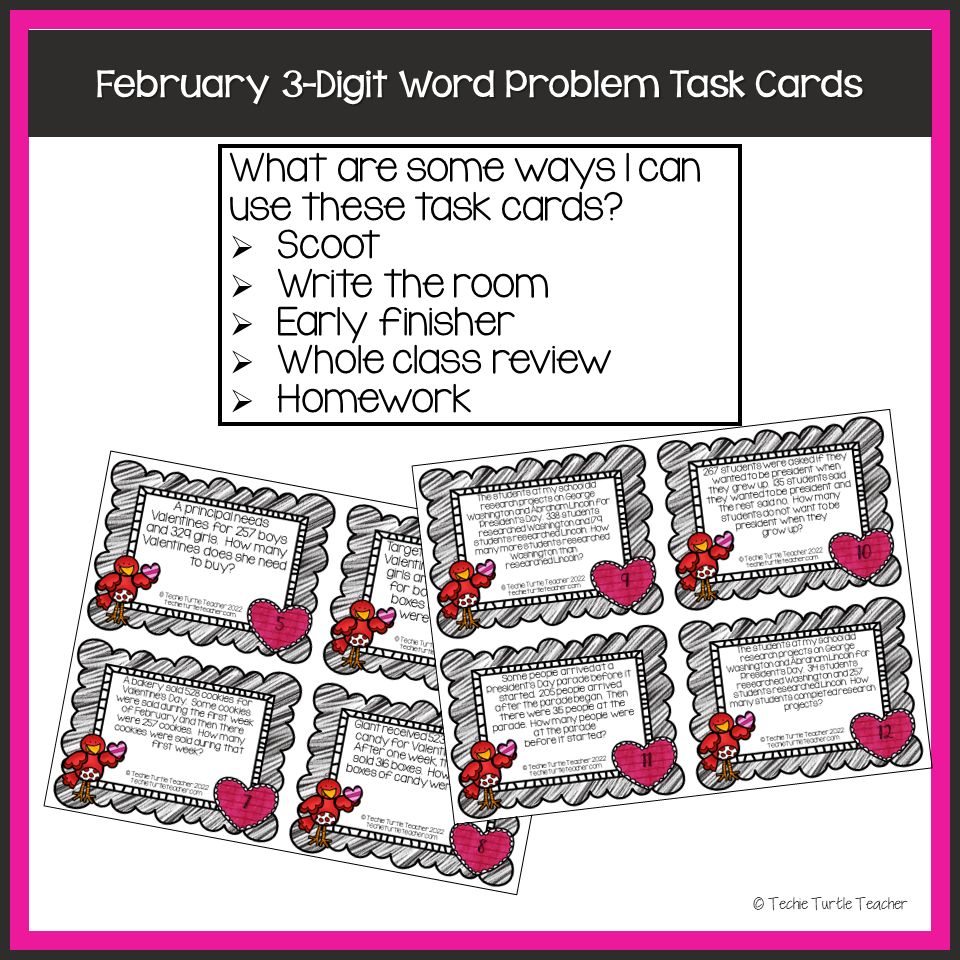 Addition & Subtraction 3-Digit Winter Word Problem Task Cards February ...