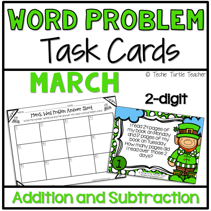 Addition & Subtraction 2-Digit Spring Word Problem Task Cards March ...