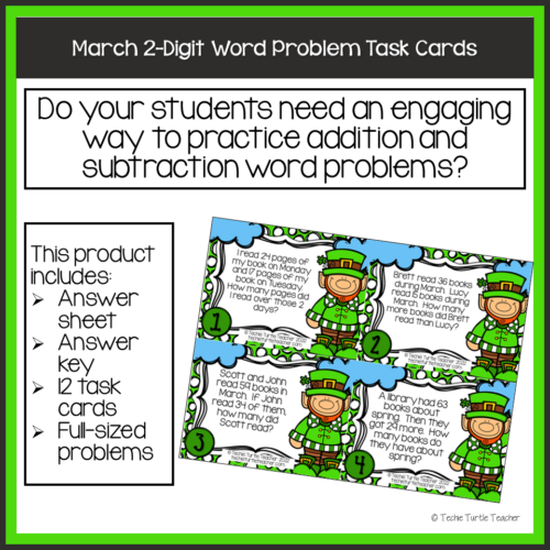 Addition & Subtraction 2-Digit Spring Word Problem Task Cards March ...