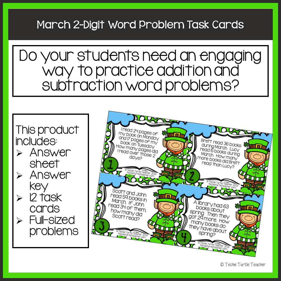 Addition & Subtraction 2-Digit Spring Word Problem Task Cards March ...