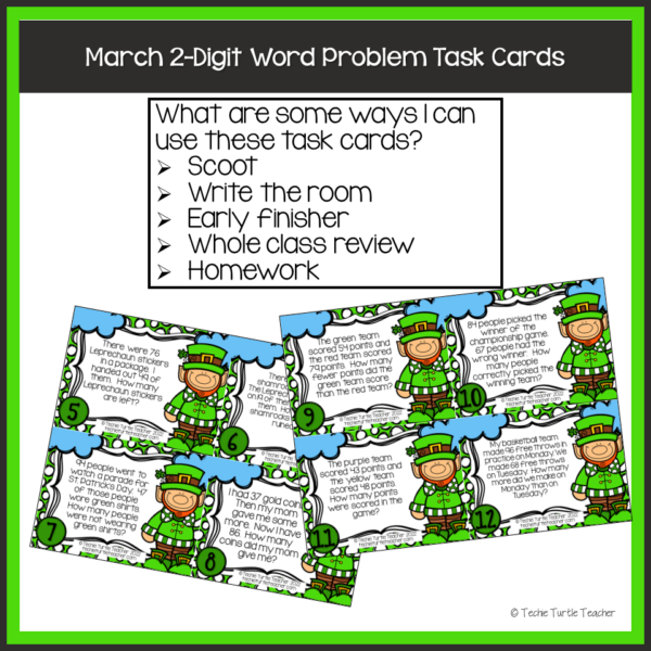 Addition & Subtraction 2-Digit Spring Word Problem Task Cards March ...