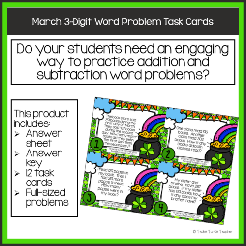 Addition & Subtraction 3-Digit Spring Word Problem Task Cards March ...