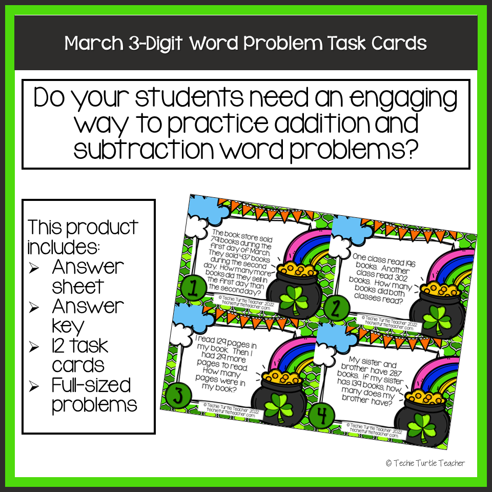Addition & Subtraction 3-Digit Spring Word Problem Task Cards March ...