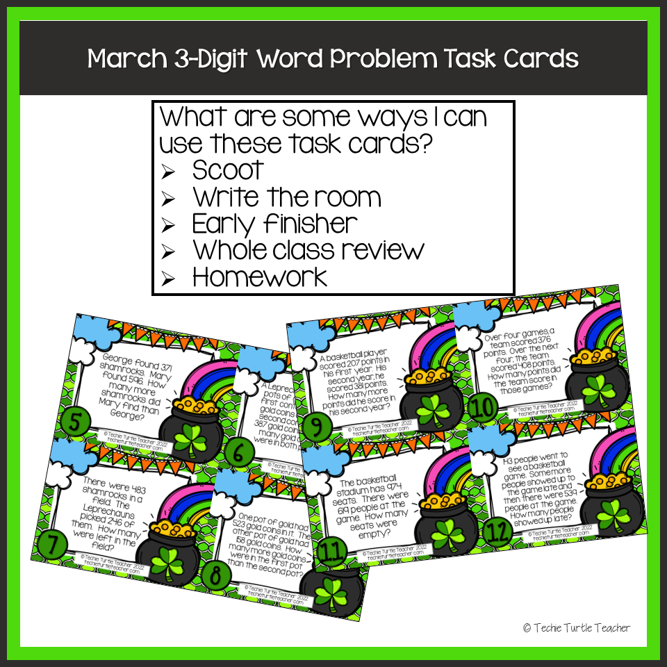 Addition & Subtraction 3-Digit Spring Word Problem Task Cards March ...