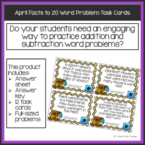Addition Subtraction Facts Within 20 Spring Word Problem Task Cards